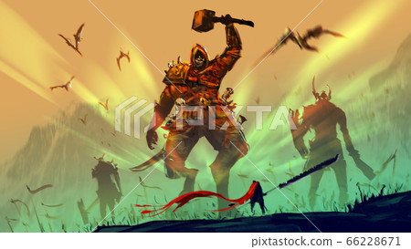 a knight and big sword against demon armies. - Stock Illustration ...