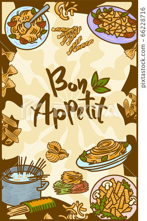 Bon appetit italian pasta concept banner, hand... - Stock Illustration ...