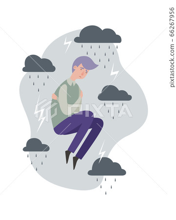 Depression metaphor. Sad man, grey clouds with... - Stock Illustration ...
