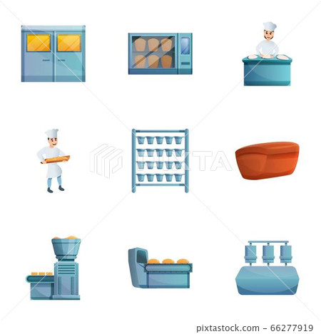 Bakery factory production icon set, cartoon style - Stock Illustration ...