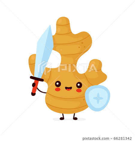 Cute happy funny ginger root with sword and shield-插圖素材 [66281342 ...