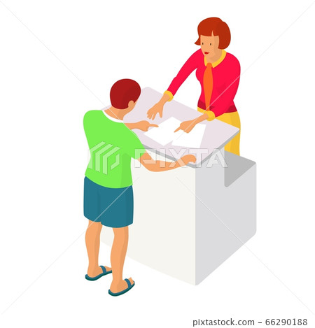 Two people interact near the reception or counter - Stock Illustration ...