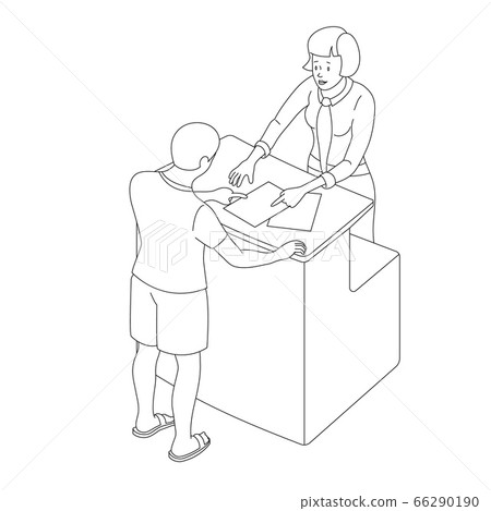 Two people interact near the reception or counter - Stock Illustration ...