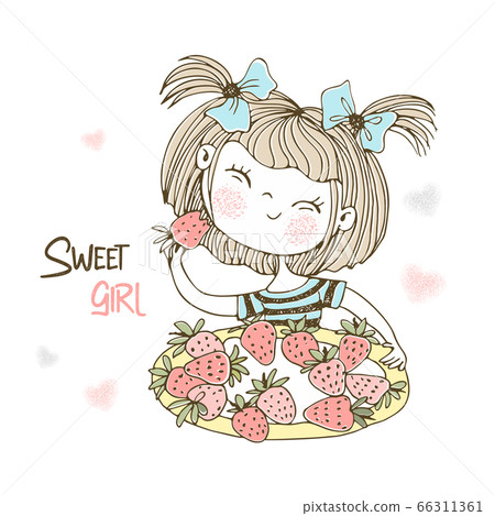 Cute little girl eating strawberries. Vector... - Stock Illustration ...