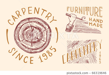Cut wood and hand with tool. Labels set for... - Stock Illustration ...