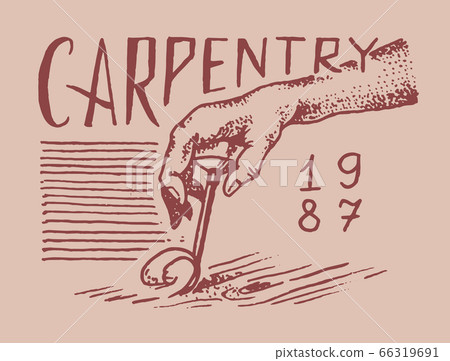 Hand with tool. Wood label for Workshop or... - Stock Illustration ...