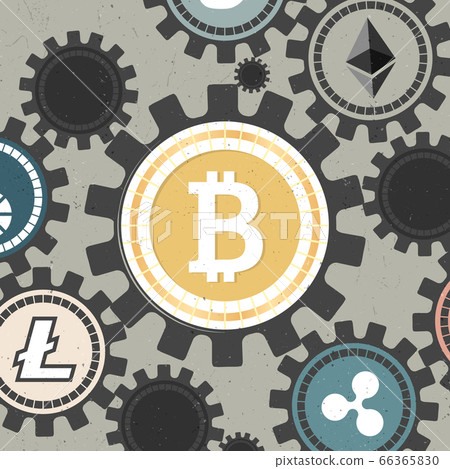 Bitcoin and other cryptocurrencies on gear... - Stock Illustration ...
