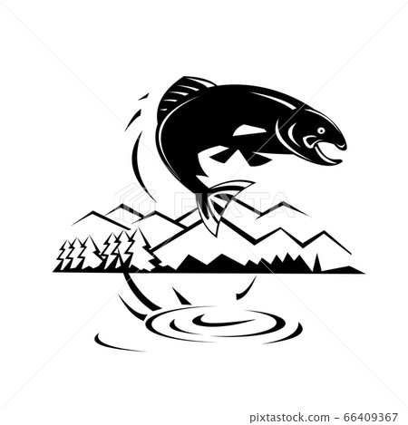 Trout Fish Jumping Lake With Trees and Mountains - Stock Illustration ...