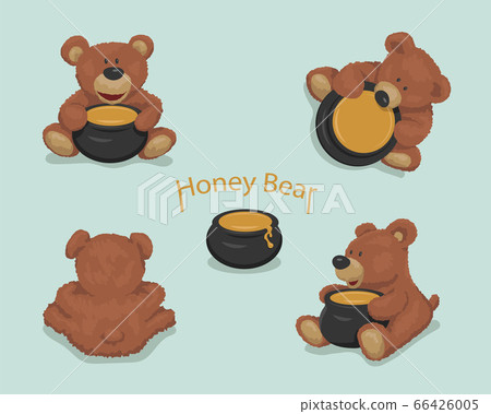 Bears toys set. Brown bear cartoon. Honey pot. - Stock Illustration ...