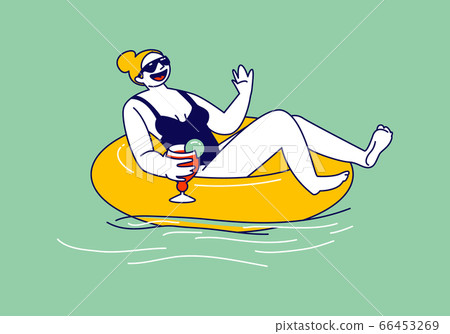 Young Woman Character Floating on Inflatable... - Stock Illustration ...