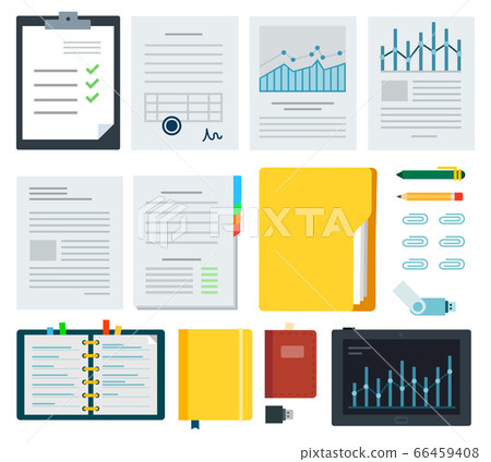 Collection documents, stationeries and laptop... - Stock Illustration ...