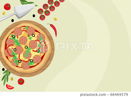 Pizza with salami, olives and cheese in a... - Stock Illustration ...