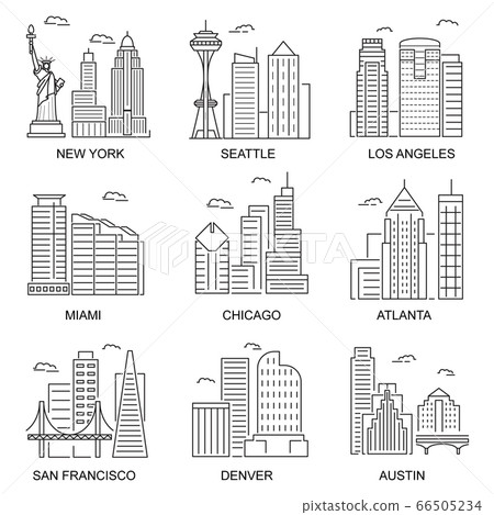 Usa Cities Sign Contour Linear Icon Set. Vector - Stock Illustration ...