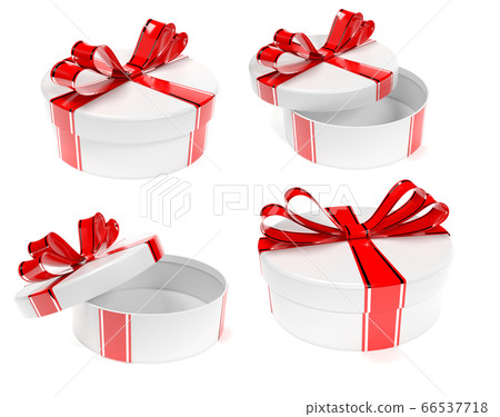 Round gift box decorated with red ribbon bow. Set - Stock Illustration ...