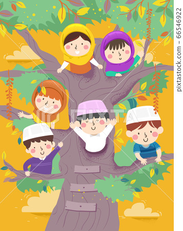 Kids Muslim Tree Waving Illustration - Stock Illustration [66546922 ...