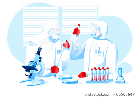 Two scientist in protection suits making... - Stock Illustration ...