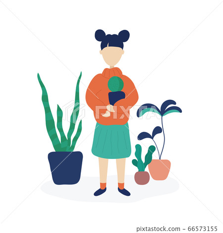 Girl holding cactus surrounded by home plants - Stock Illustration ...