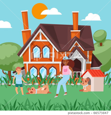 Happy children play with puppies outdoors,... - Stock Illustration ...