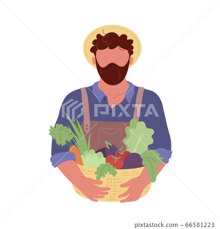 Farmer in abrow and hat with basket of vegetables - Stock Illustration ...