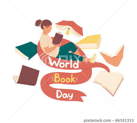 Girl reading book with "World Book Day" lettering - Stock Illustration ...