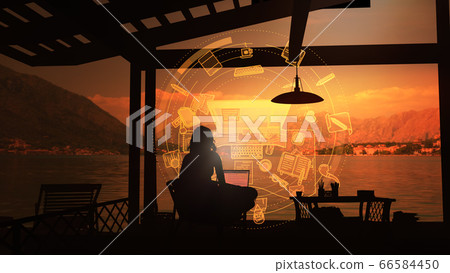 Girl writer working on a laptop at sunset. - Stock Illustration ...