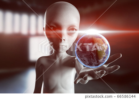 Alien hand reaching out with Earth planet. UFO... - Stock Illustration ...