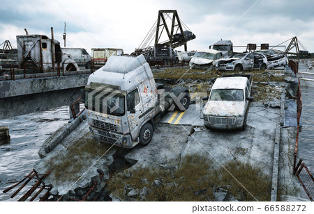 Apocalypse sea view. Destroyed bridge.... - Stock Illustration ...