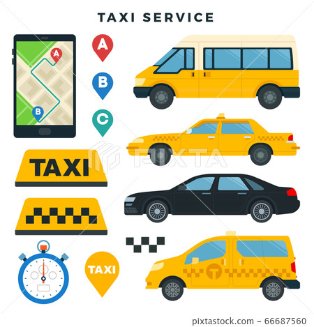 Different types of taxi cars and taxi signs,... - Stock Illustration ...