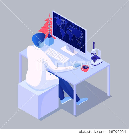 Scientist at computer isometry. Scientific... - Stock Illustration ...