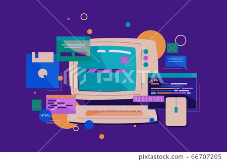 Programming on retro computer. Old pc with... - Stock Illustration ...