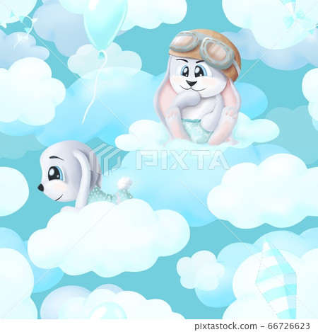 Cute hand drawn Bunny sitting on a cloud... - Stock Illustration ...