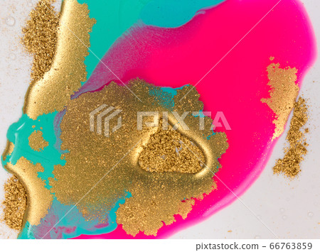 Pink, gold and blue mixed inks spilled on white... - Stock Illustration ...