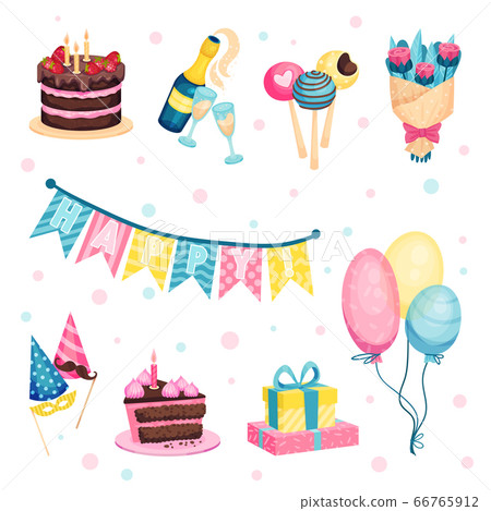 Birthday Party Attributes and Symbols with Cake... - Stock Illustration ...