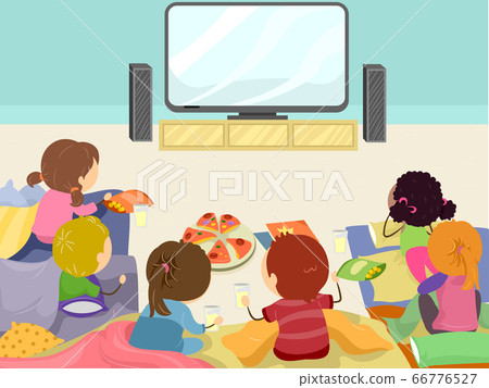 Friends Sleep Over Movie Night Indoor Activity - Stock Illustration ...