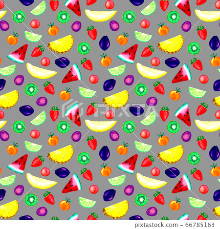Seamless pattern with summer fruits on a gray - Stock Illustration ...