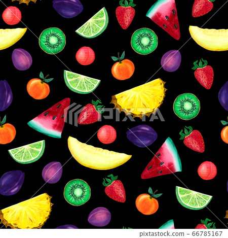 Seamless pattern with summer fruits on a black - Stock Illustration ...