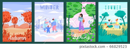 Nature seasons poster set with outdoor... - Stock Illustration ...