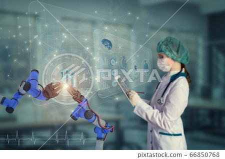 Female doctor working on computer diagnostics... - Stock Illustration ...