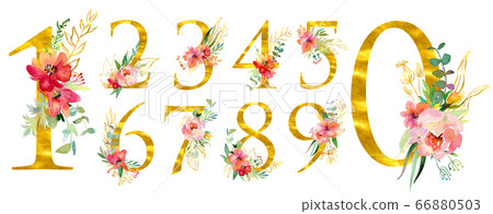 Elegant summer decorated floral numbers. Golden - Stock Illustration ...