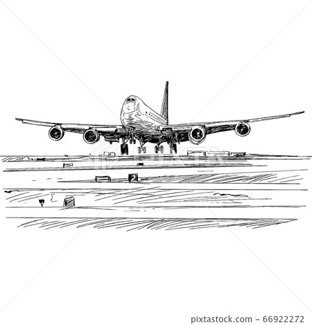 Drawing of the airplane landing at the airport - Stock Illustration ...