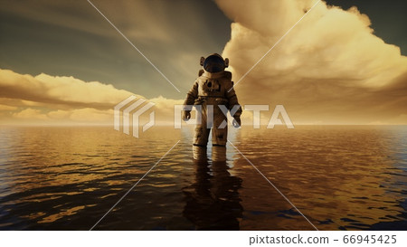 Spaceman in the sea under clouds at sunset - Stock Illustration ...