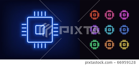 Neon CPU icon. Glowing neon microchip sign, set of - Stock Illustration ...
