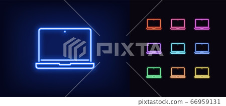 Neon laptop icon. Glowing neon notebook sign, set - Stock Illustration ...