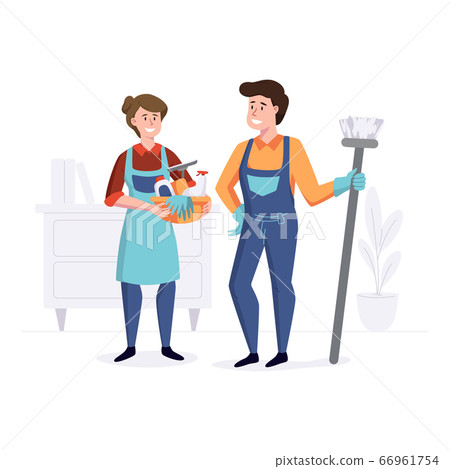 Smiling staff from the cleaning company after... - Stock Illustration ...