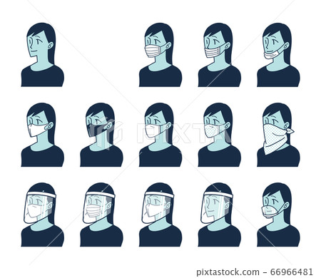 Illustration of a woman putting on masks of... - Stock Illustration ...