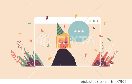 woman in funny festive hat celebrating online... - Stock Illustration ...