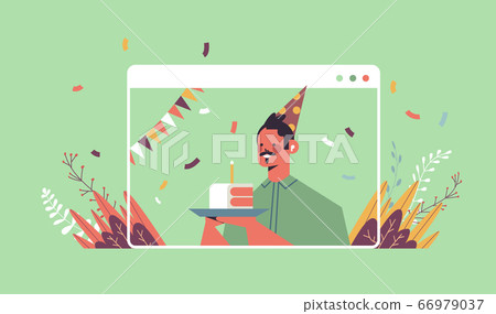 man in funny festive hat celebrating online... - Stock Illustration ...