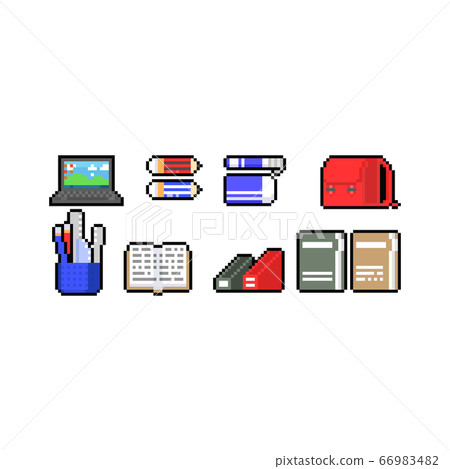 Pixel art cartoon education icon design set. - Stock Illustration ...