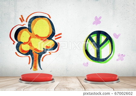 3d rendering of two red buttons with explosion... - Stock Illustration ...