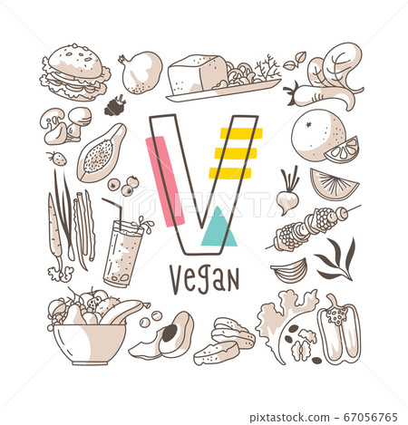 Letter V - Vegan, cute alphabet series in doodle-插圖素材 [67056765] - PIXTA圖庫